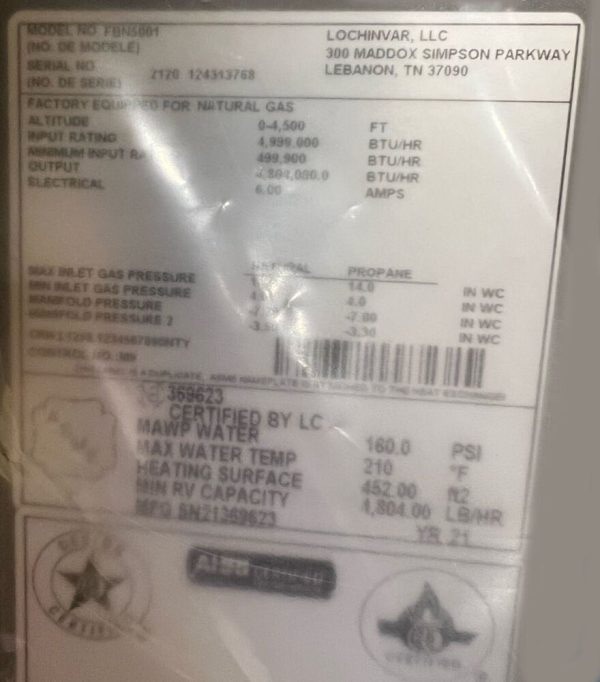 Lochinvar Crest FBN5001 Condensing Boiler, 5 MBTU, Natural Gas, 96% ...