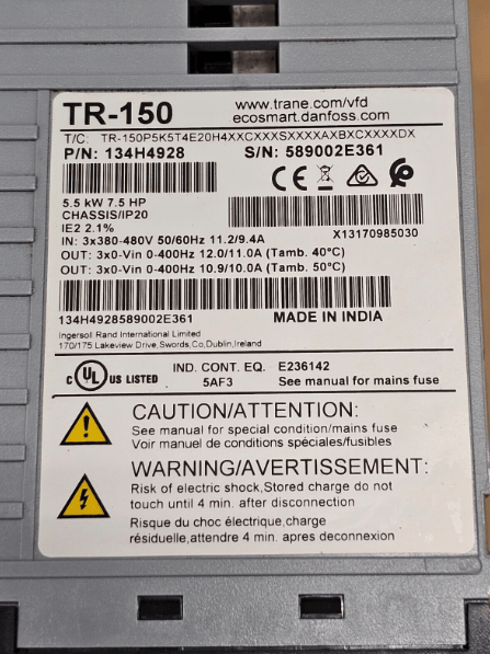 Trane TR-150 134H4928 VFD w/Keypad, 7.5 HP, 5.5kW, 380-480V AC Input, 3 ...