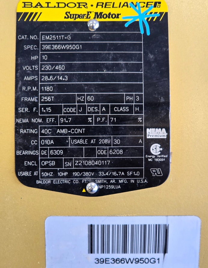 Baldor EHM2511T-G, 10HP AC Motor, 3 Ph, 1200 RPM, 230/460 Volt, 256T ...